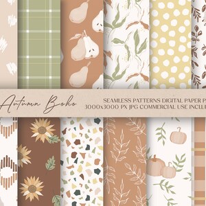Fall Boho Digital Paper Pack JPG, Autumn Pumpkin and Leaves Bohemian ...