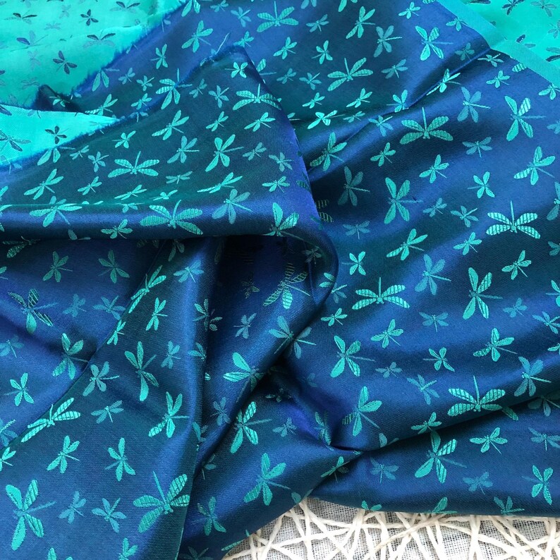 PURE MULBERRY SILK Fabric by the Yard - Dragon Fly Pattern - Blue Silk ...
