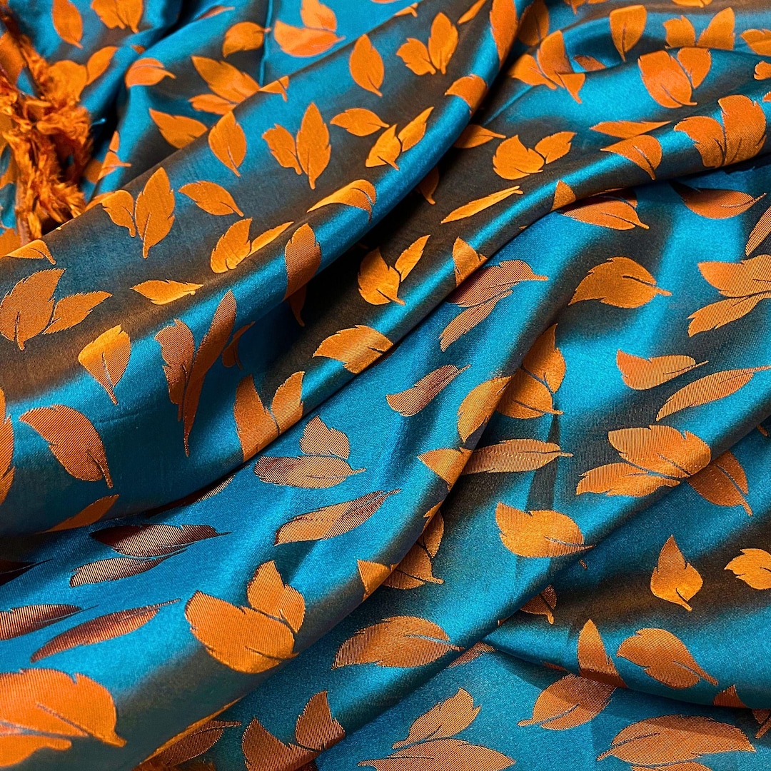 PURE MULBERRY SILK Fabric by the Yard - Blue Silk With Orange Pattern ...