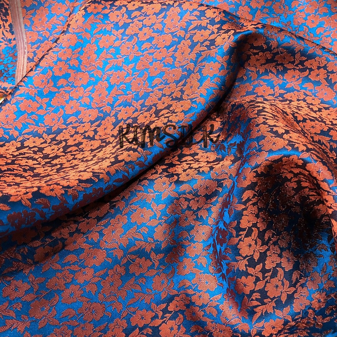 PURE MULBERRY SILK Fabric by the Yard - Blue Silk With Orange Floral ...