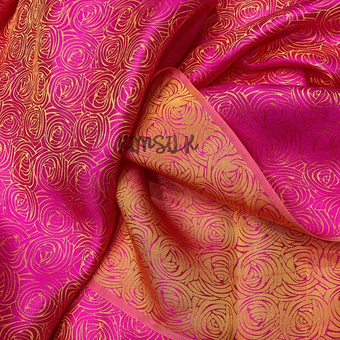 PURE MULBERRY SILK Fabric by the Yard - Pink Silk With Yellow Floral ...
