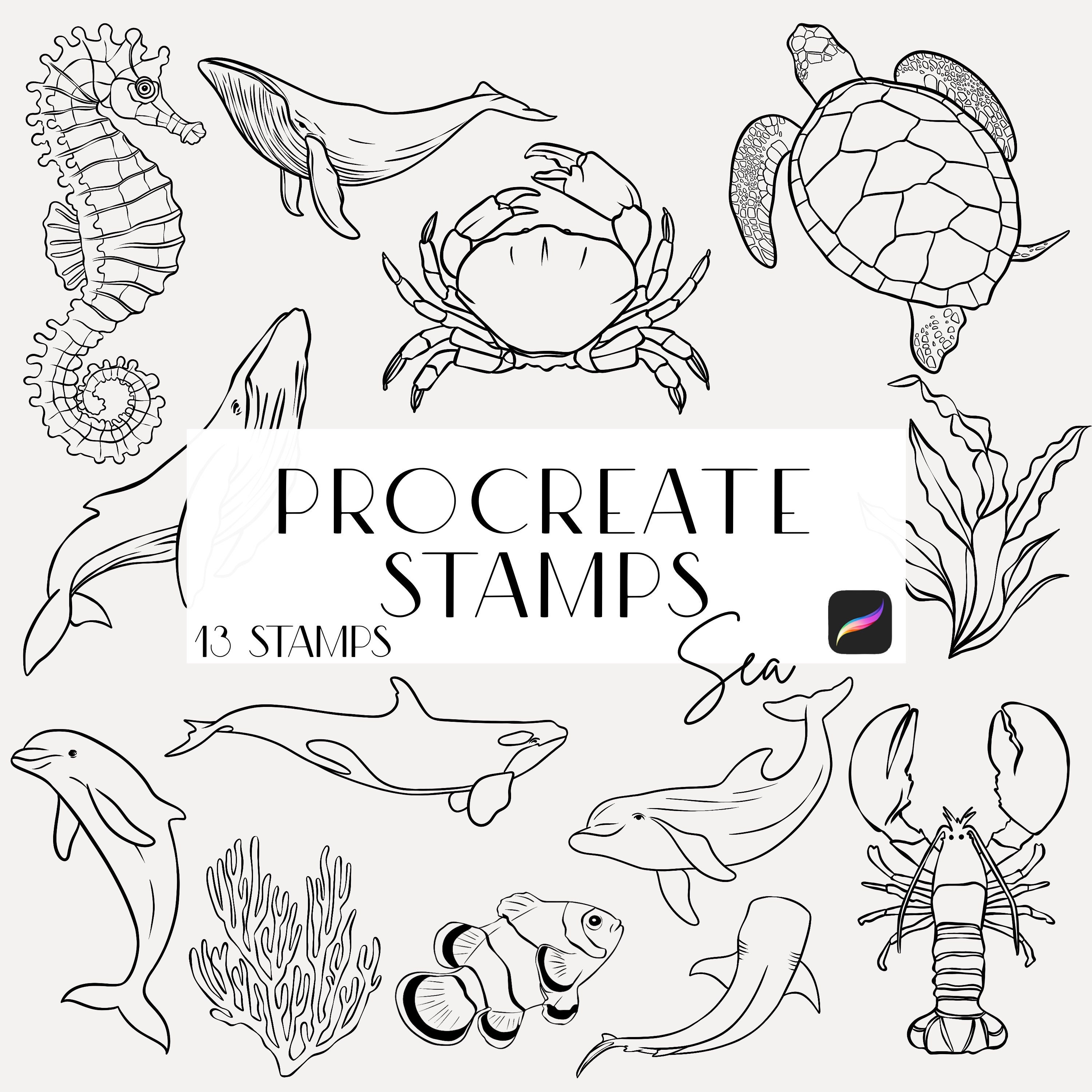 Ocean Procreate Stamp Brushes, Line Art, Stamp for Invitations, Line ...