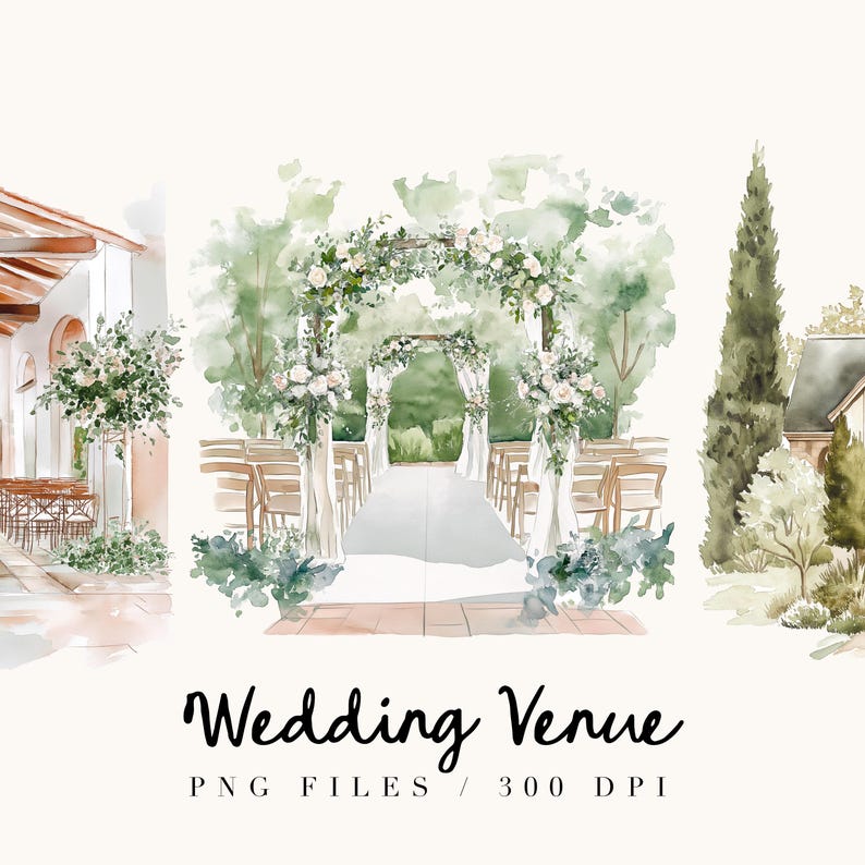 Watercolor Wedding Venue, Watercolor Scenery, Wedding Illustration ...
