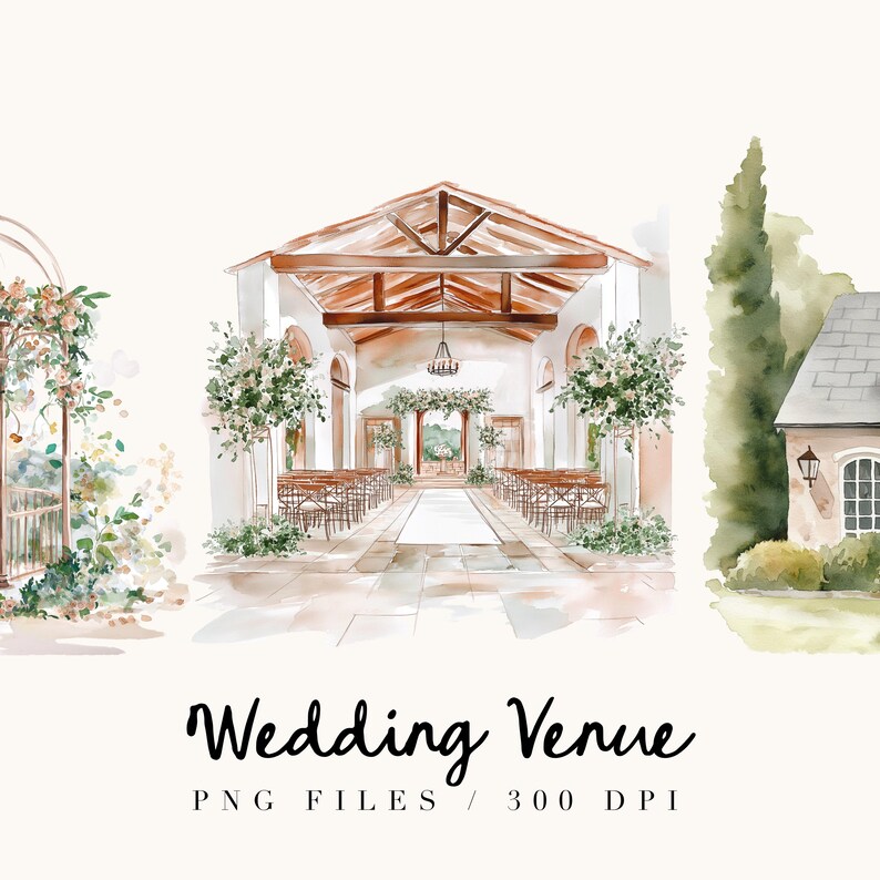 Watercolor Wedding Venue, Watercolor Scenery, Wedding Illustration ...