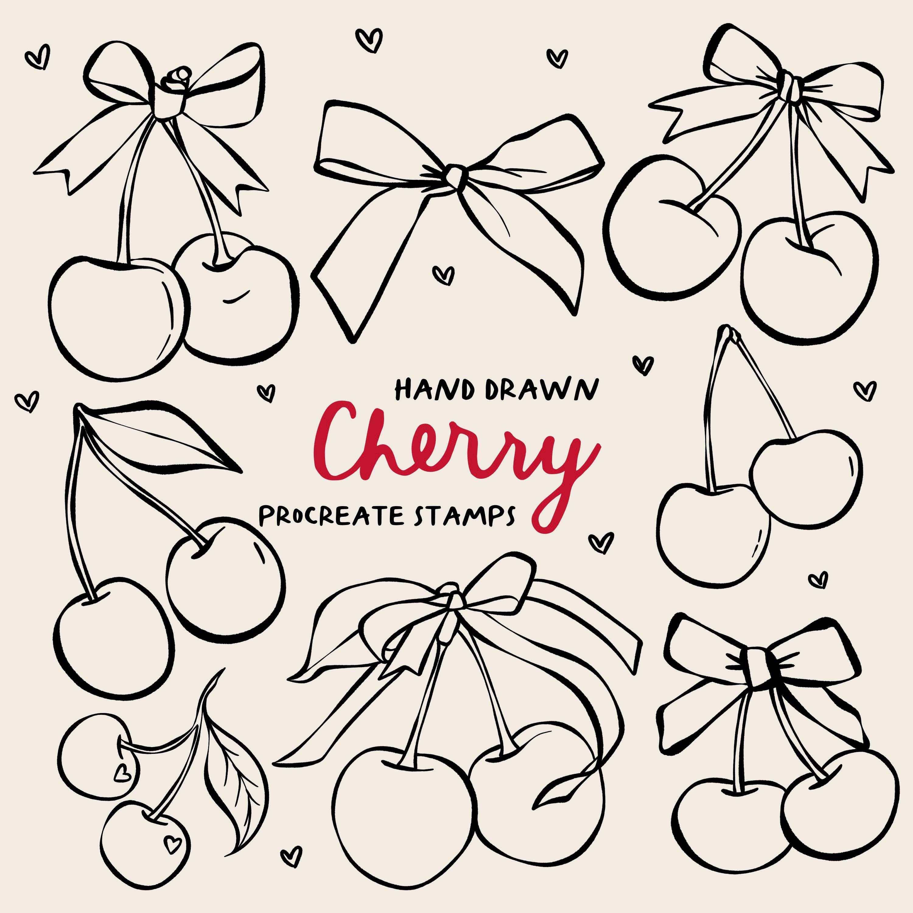 Hand Drawn Cherry Procreate Stamp Brushes, Coquette Line Art (digital ...