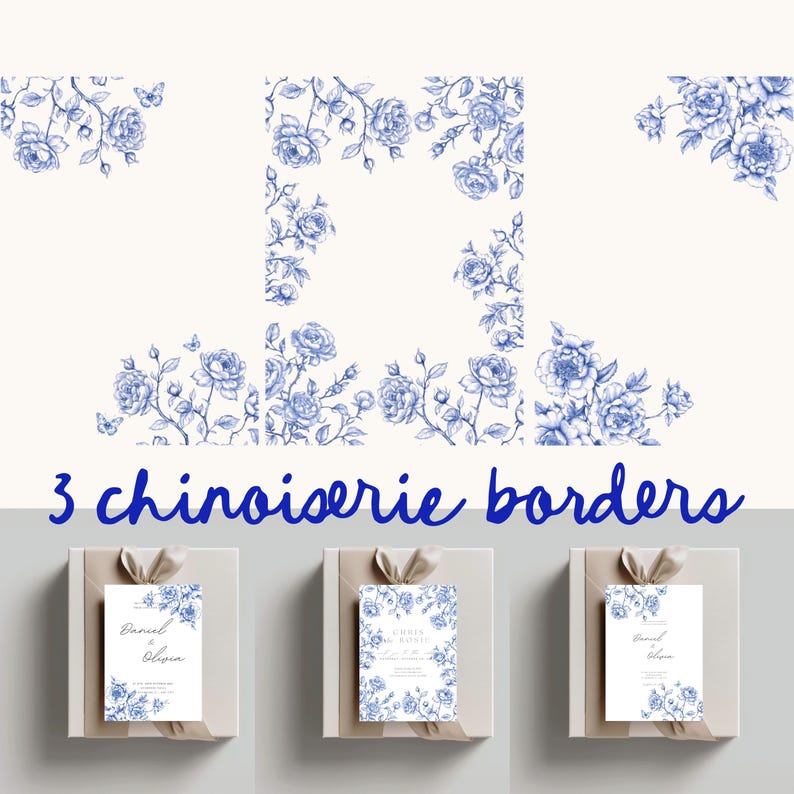 Set of 3 Chinoiserie Line Border Set, Chinoiserie Png, Whimsical PNG ...