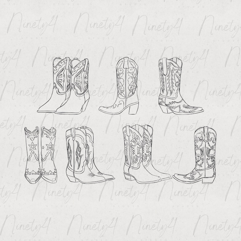 Cowboy Boots Line Art Clipart | Cowgirl PNG Images (commercial License ...