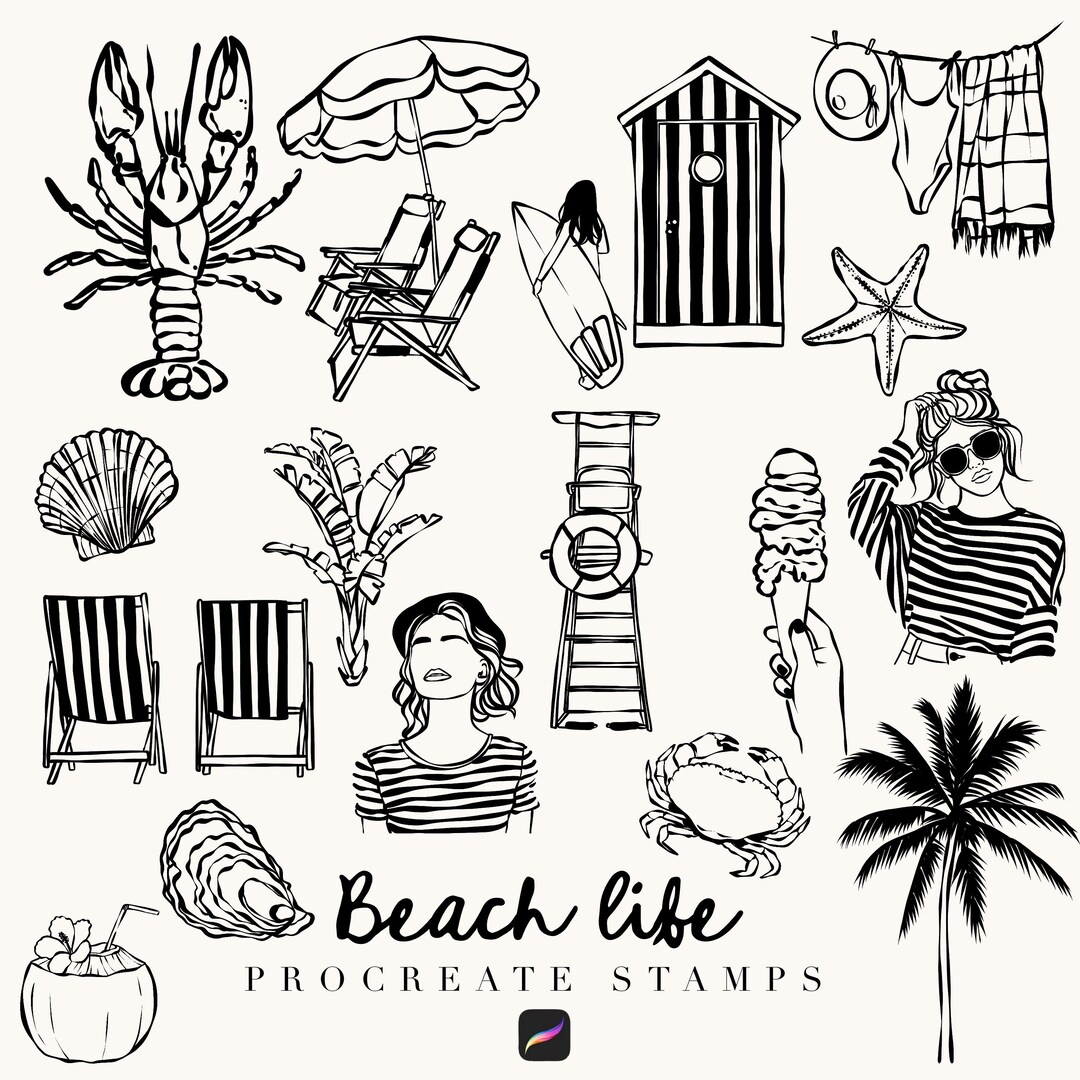 Beach Life Procreate Stamp Brushes, Line Art, Stamp for Invitations ...
