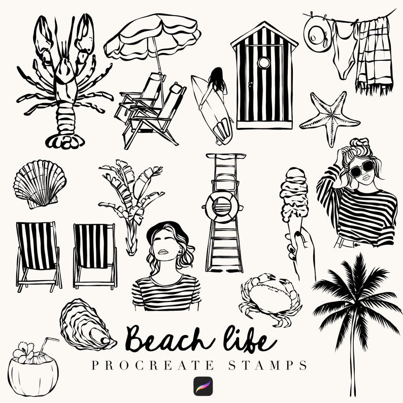 Beach Life Procreate Stamp Brushes, Line Art, Stamp for Invitations ...