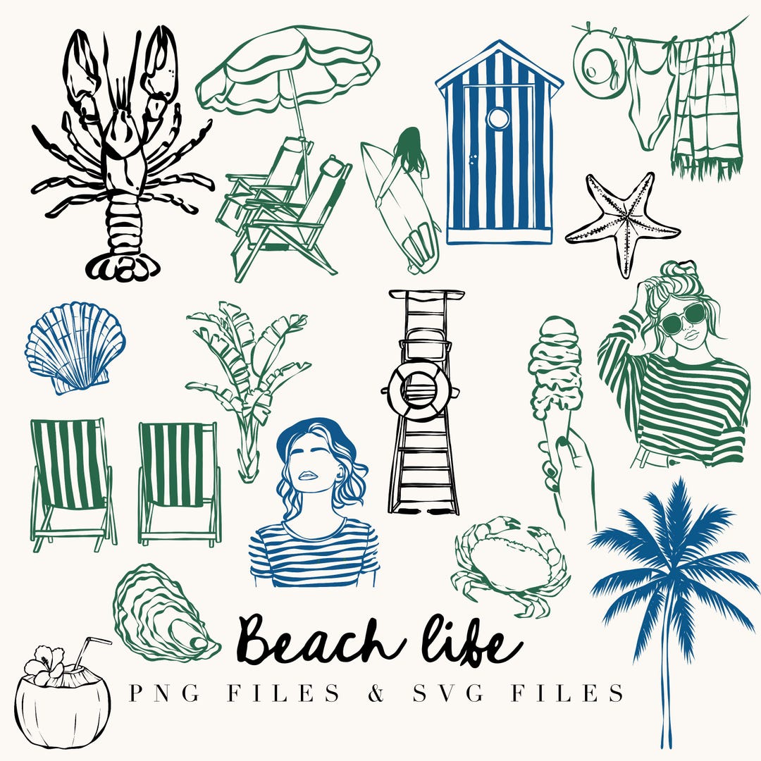 Hand-drawn Beach Life Clipart Set, PNG SVG (digital Download) - Etsy