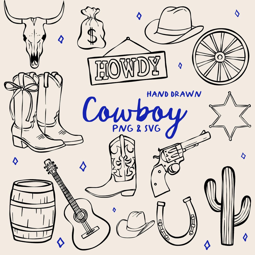 Hand Drawn Cowboy Illustration Clipart Set, Cowboy Png / Svg ...