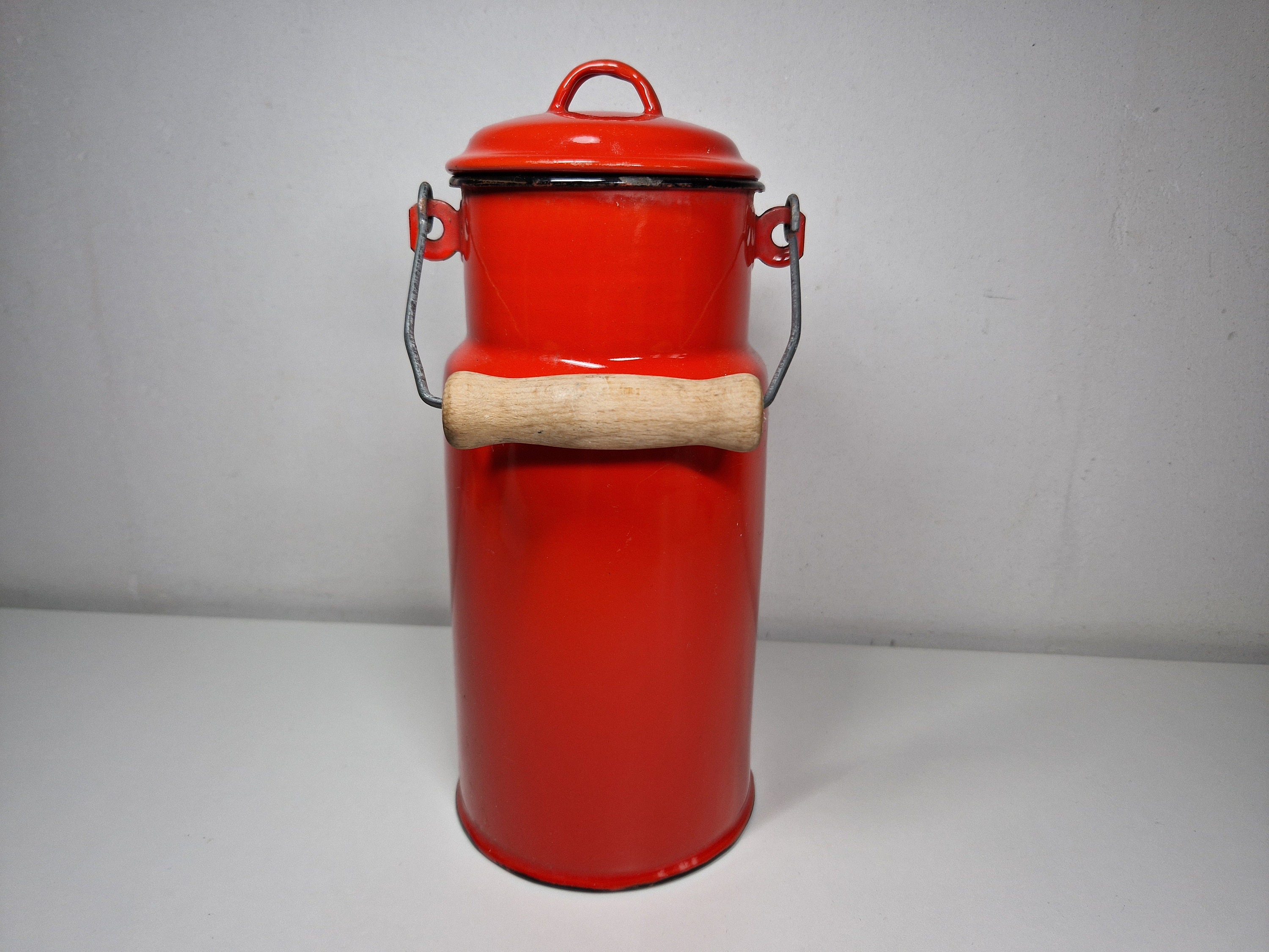 Red Enamel Milk Can, Vintage Enamel Can, Vintage Milk Jug, Vintage Soup ...
