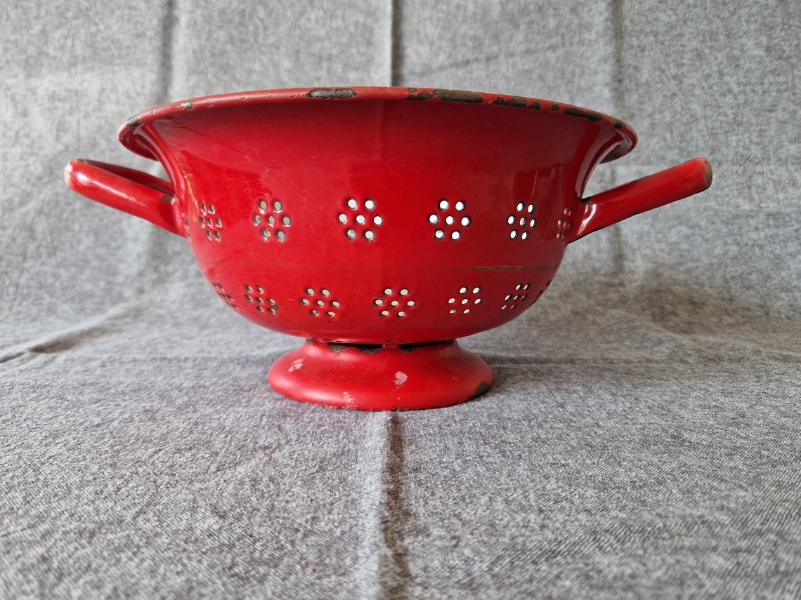 Red Enamel Colander Vintage French Enamelware Drainer Kitchen Strainer ...