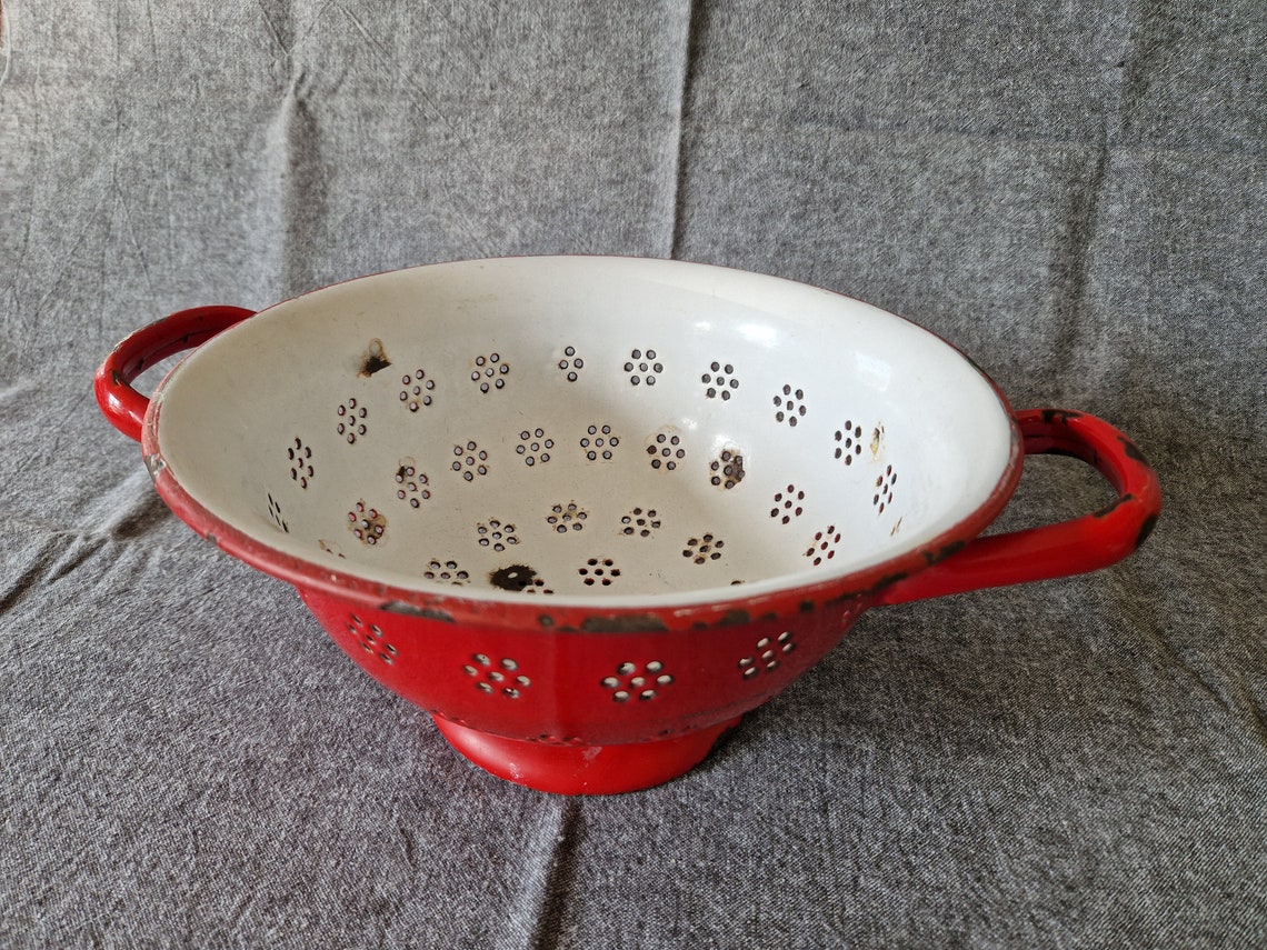 Red Enamel Colander Vintage French Enamelware Drainer Kitchen Strainer ...