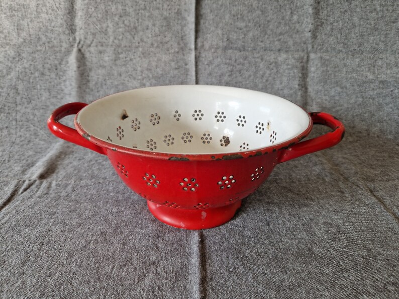 Red Enamel Colander Vintage French Enamelware Drainer Kitchen Strainer ...