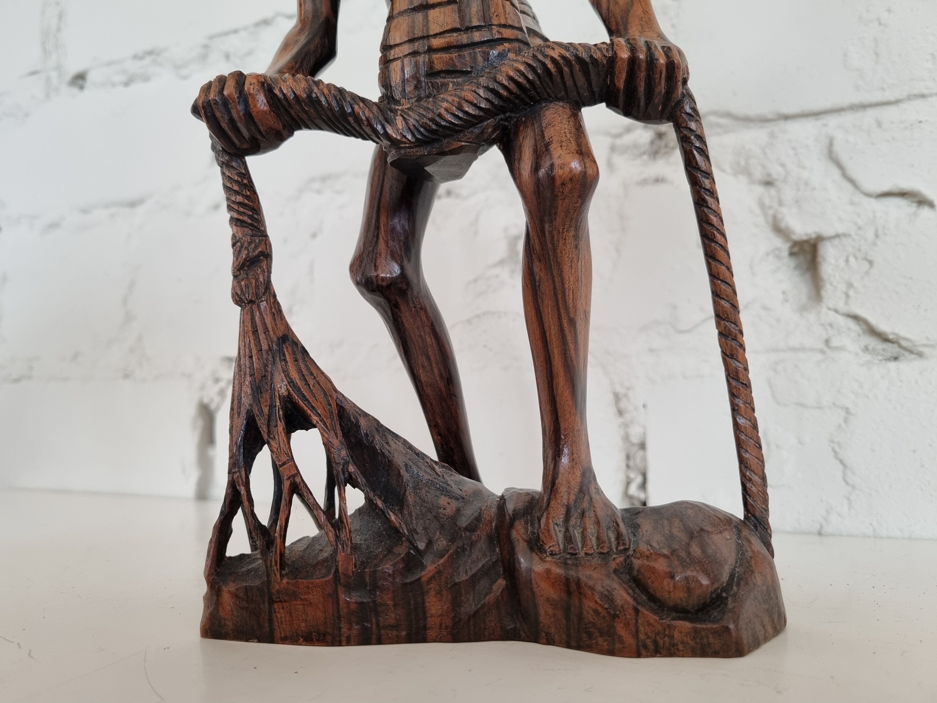 VINTAGE Carved Wood Art, Bali Sculpture FISHERMAN, Balinese Hand Carved ...