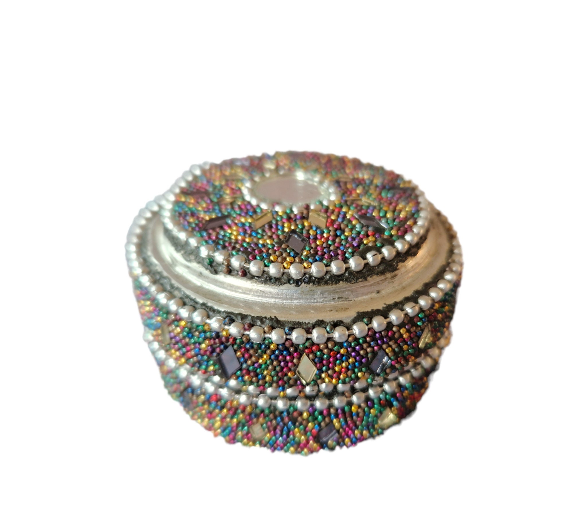 Vintage Jewelled Pill Box, Small Round Mirror Box, Decorated Small ...