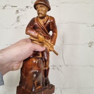 Vintage Hand Carved Wood Soldier Statue, Army Soldier Handmade Wood ...