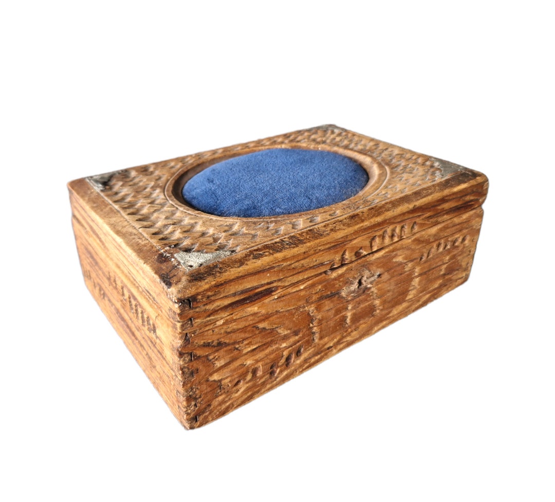 Antique Wood Sewing Box, Old Pin Cushion Sewing Box, Vintage Sewing Box ...