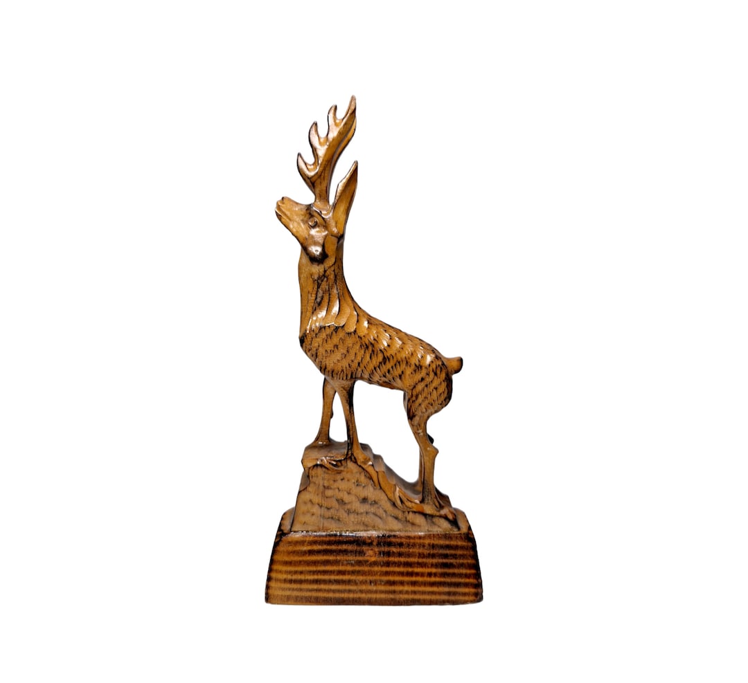 Vintage Wooden Buck Sculpture, Handmade Wooden Carving Deer Sculpture ...