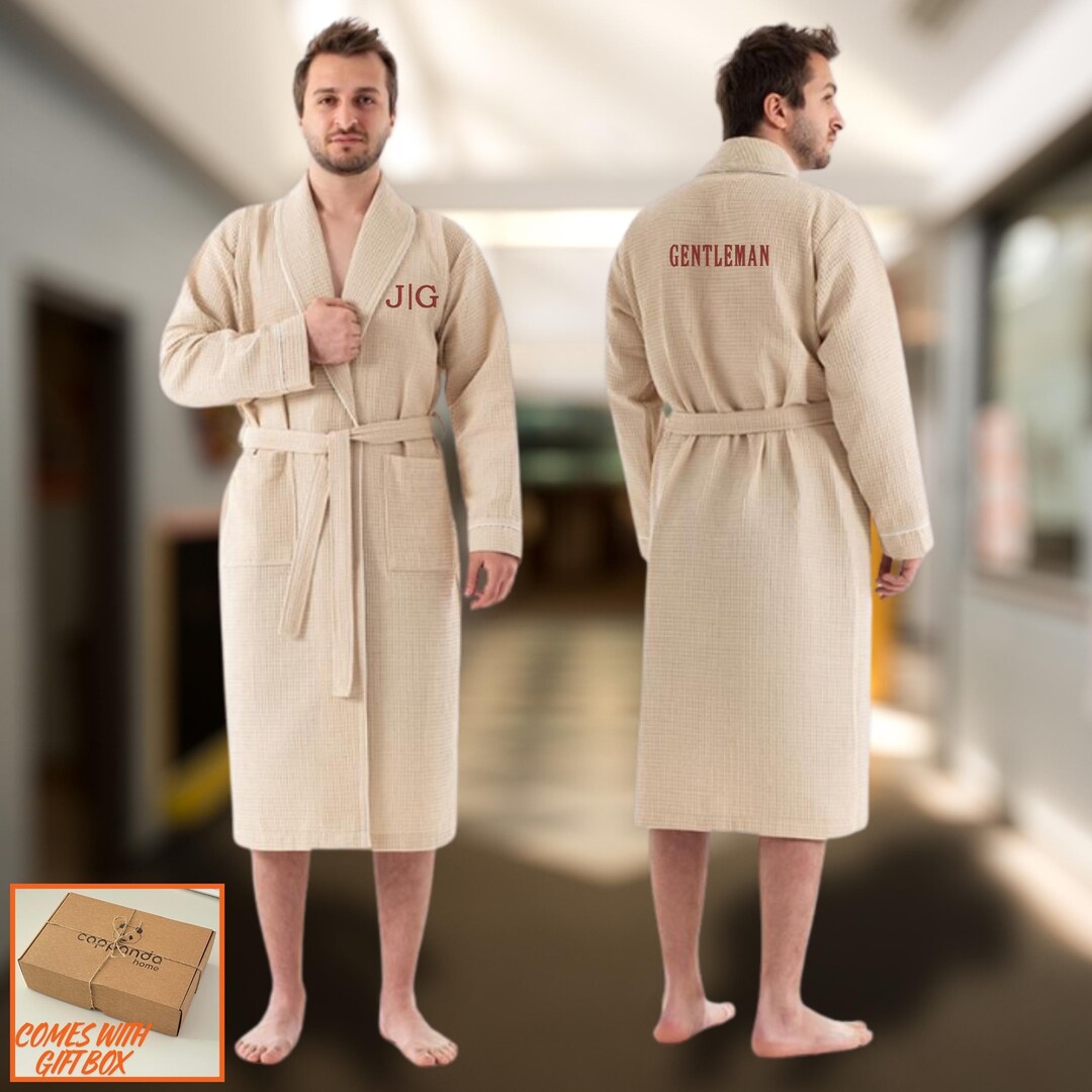 Personalized Beige Waffle Robe for Men, Monogrammed Mens Robe, Waffle ...