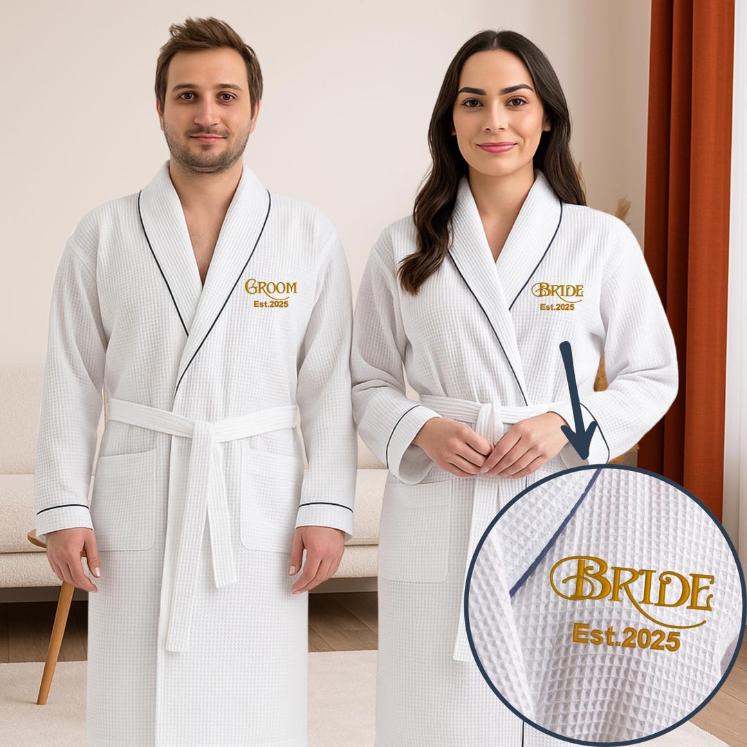 White Waffle Robe With Navy Piping: Bride & Groom Gift, Personalized ...