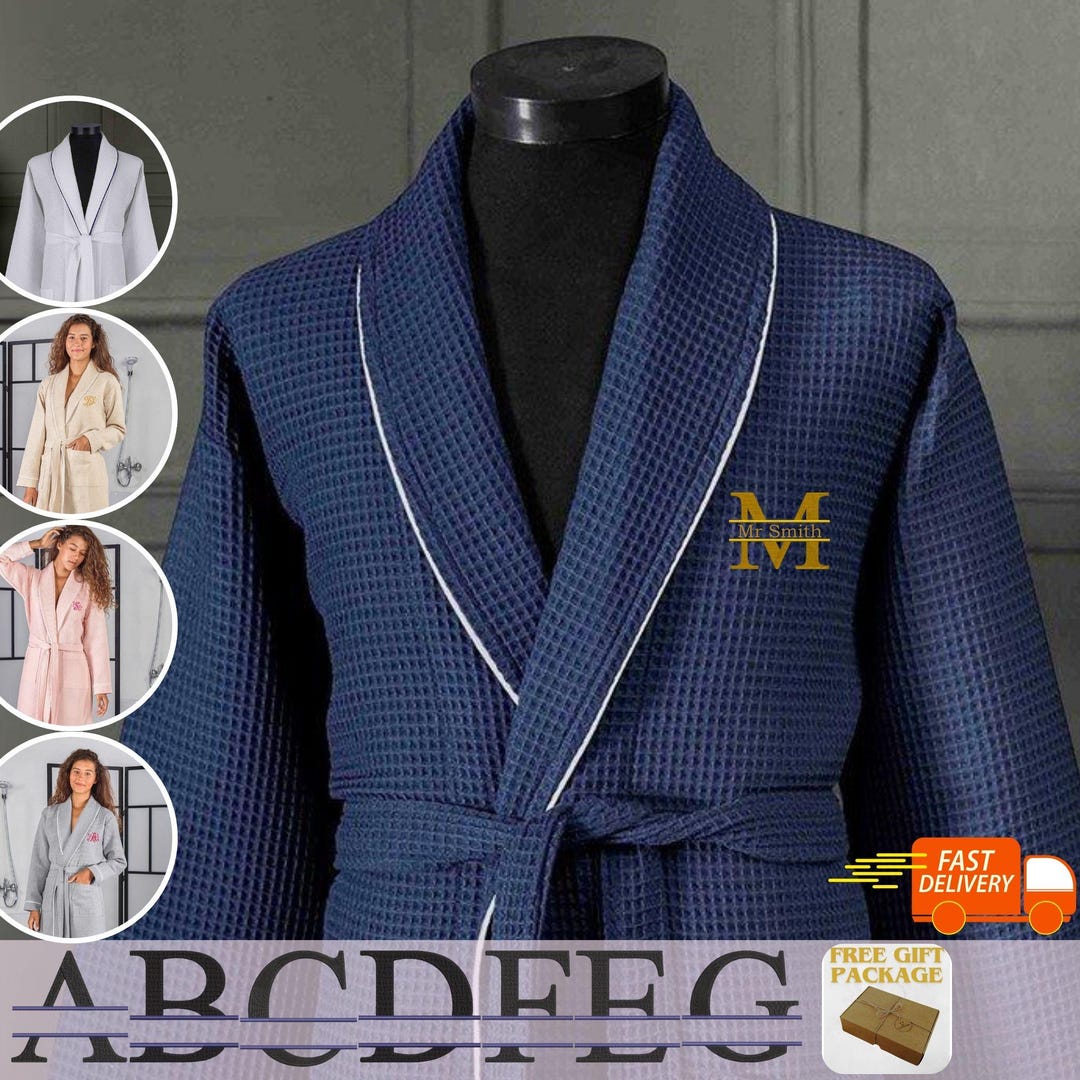 Navy Blue Waffle Robe With Split Letter Monogram Christmas Gift Robe ...