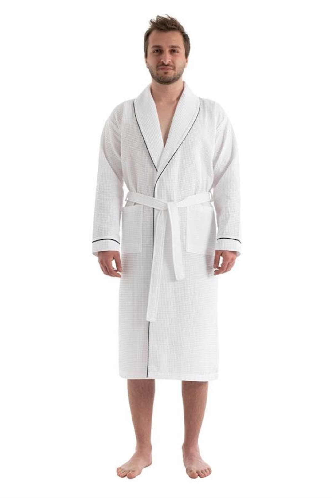 White Waffle Robe With Navy Trim Custom White Waffle Bathrobe ...