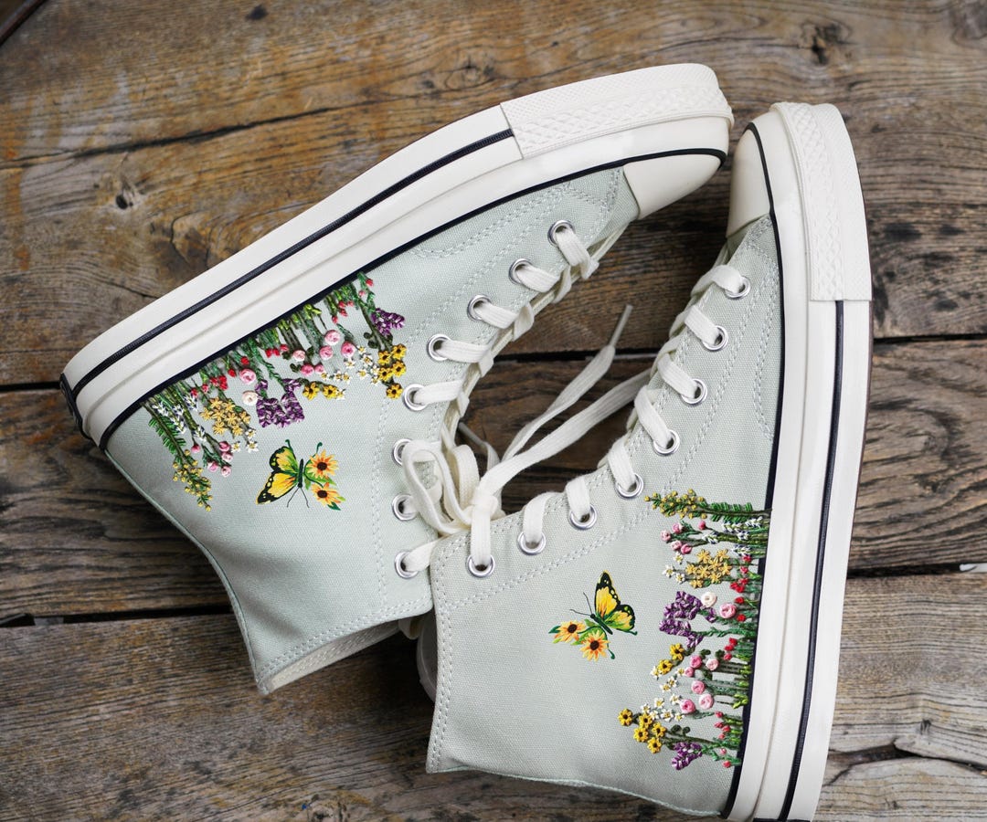 Floral Embroidered Converse High Tops, Butterfly Embroidery Converse ...