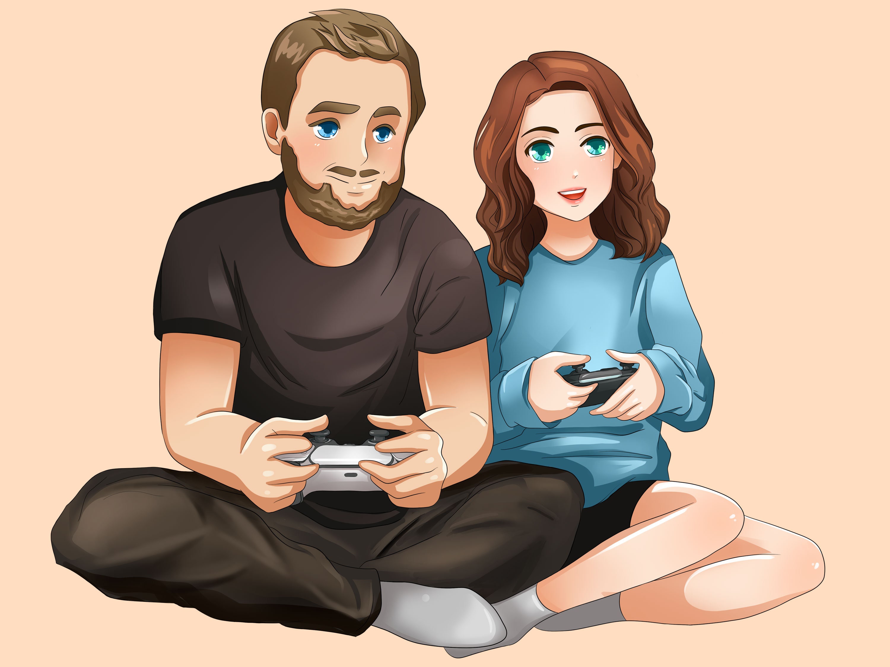 Anime Couple Playing Video Games Drawing