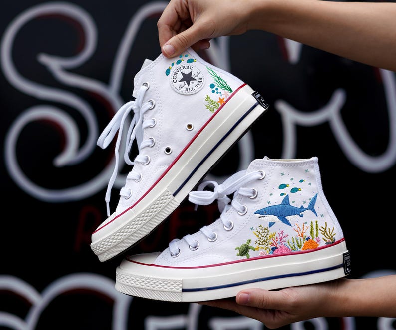 Shark Embroidered Converse High Tops: Custom Ocean Sneakers - Etsy