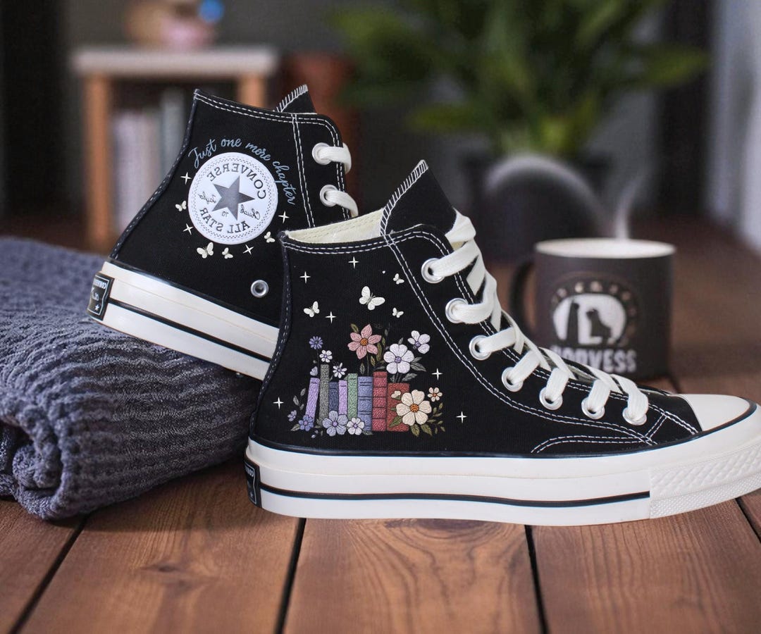 Embroidered Book & Flower Converse Chuck Taylor High Tops: Reader Shoes ...
