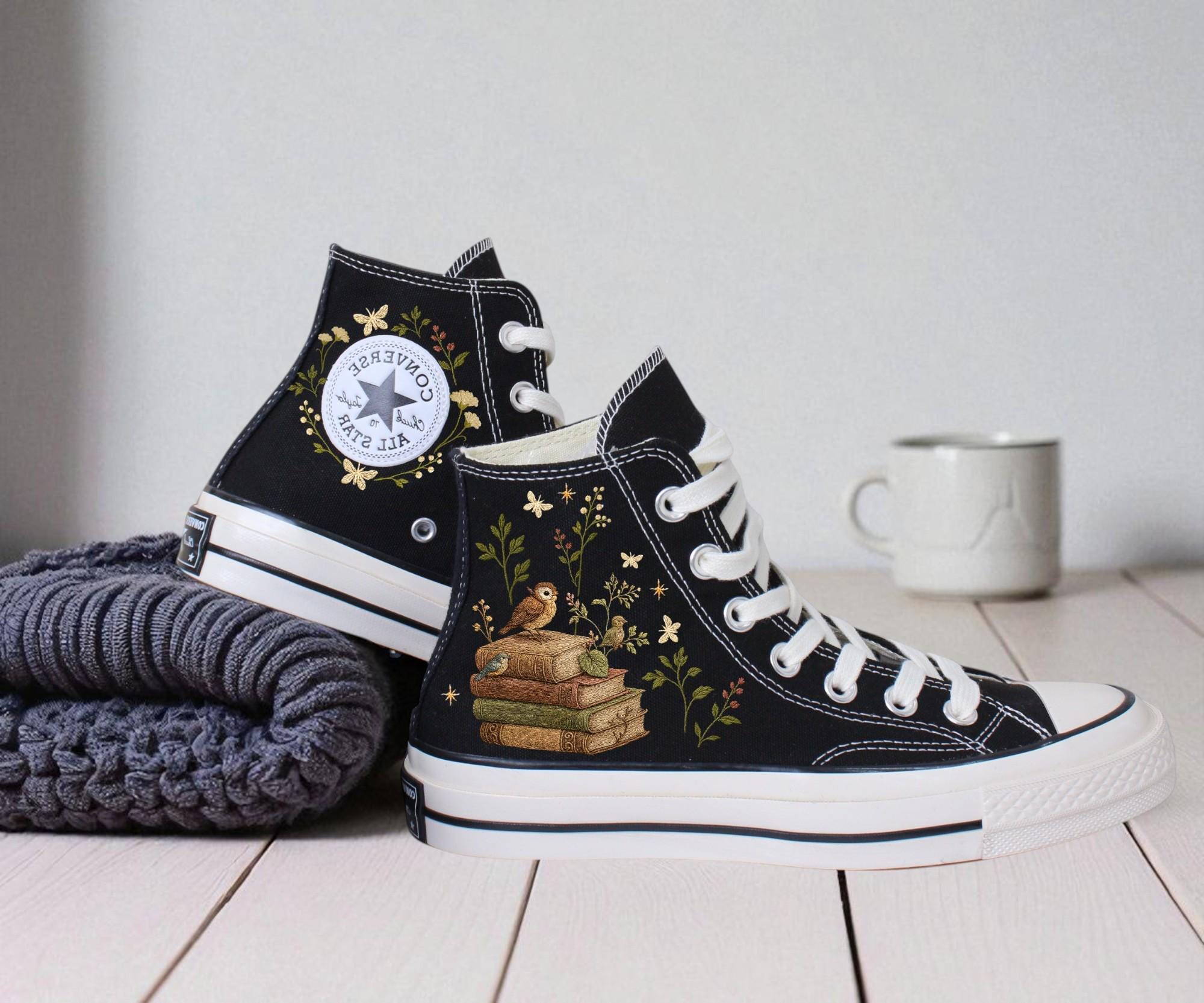 Embroidered Book & Flower Converse High Tops: Vintage Sparrow Sneakers ...