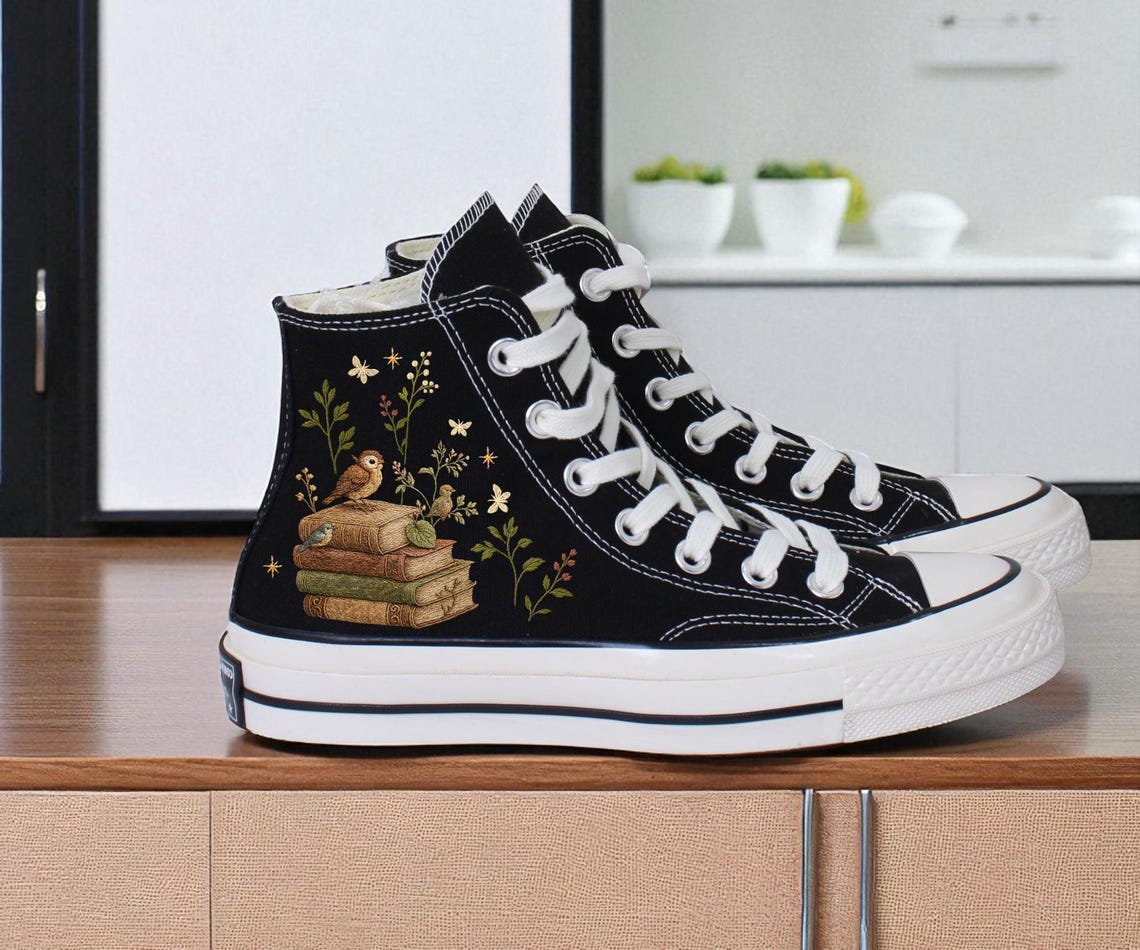 Embroidered Book & Flower Converse High Tops: Vintage Sparrow Sneakers ...