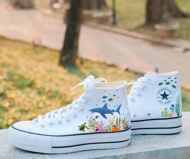 Shark Embroidered Converse High Tops: Custom Ocean Sneakers - Etsy