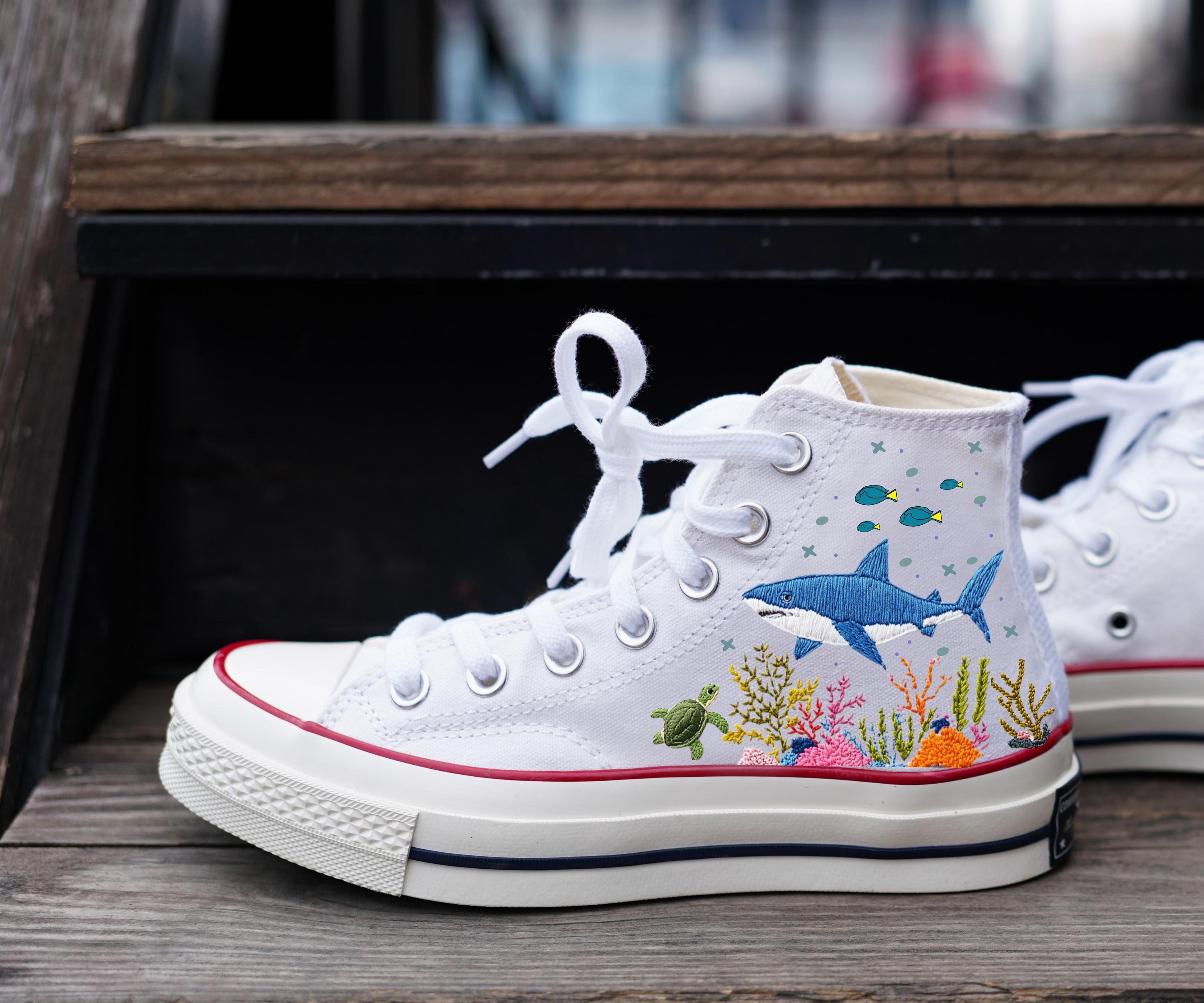 Shark Embroidered Converse High Tops: Custom Ocean Sneakers - Etsy