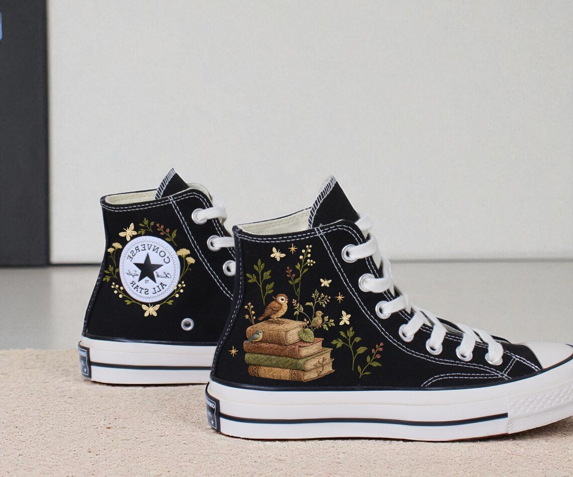 Embroidered Book & Flower Converse High Tops: Vintage Sparrow Sneakers ...