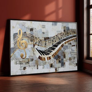 Abstract Musical Notes Canvas Wall Art, Gold Treble Clef Design, Piano ...