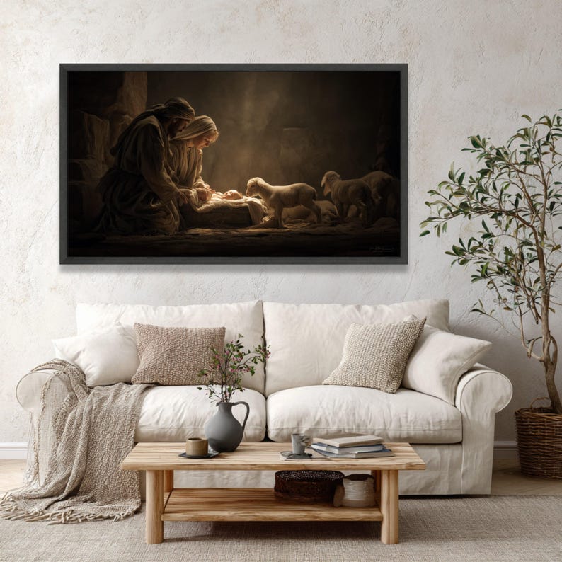 Nativity Scene Canvas Wall Art, Holy Family With Baby Jesus and Lambs ...