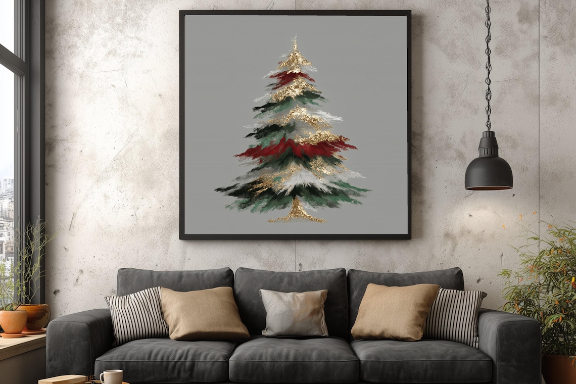Abstract Christmas Tree Canvas Print, Gold Red Pine, Holiday Wall Art ...