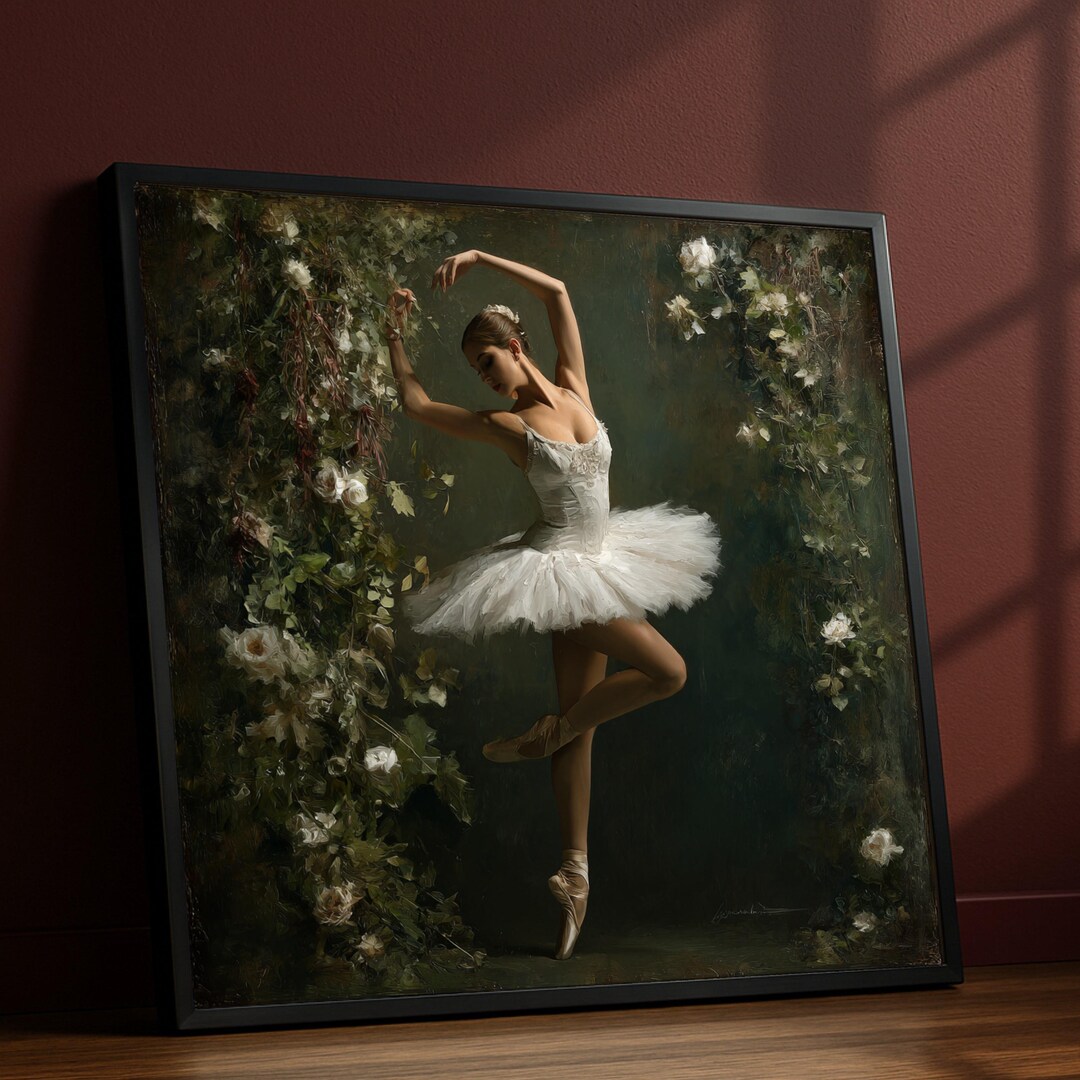 Elegant Ballet Dancer Canvas Wall Art, White Tutu Ballet Pose, Floral ...