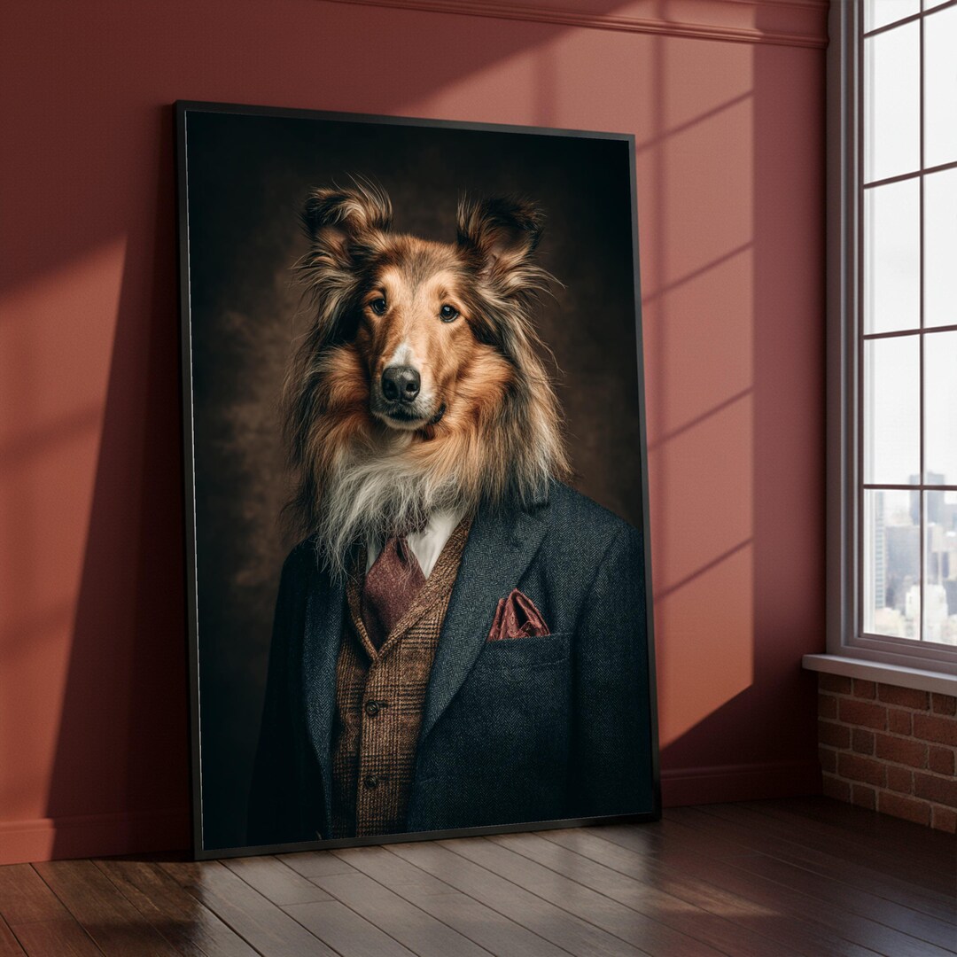 Distinguished Collie Portrait Canvas, Dog in Vintage Suit Artwork ...