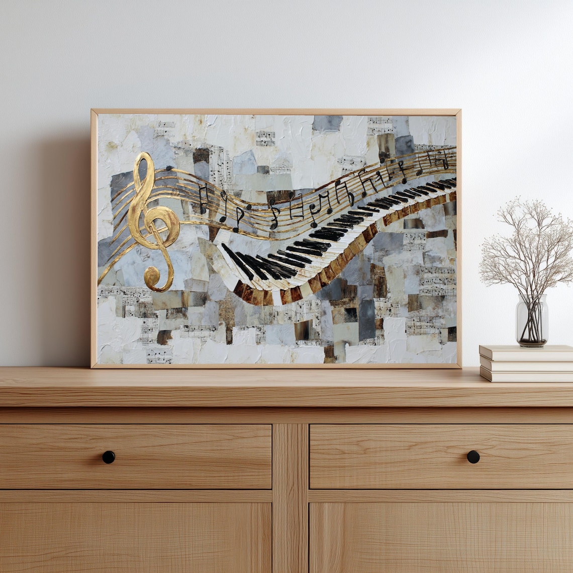 Abstract Musical Notes Canvas Wall Art, Gold Treble Clef Design, Piano ...