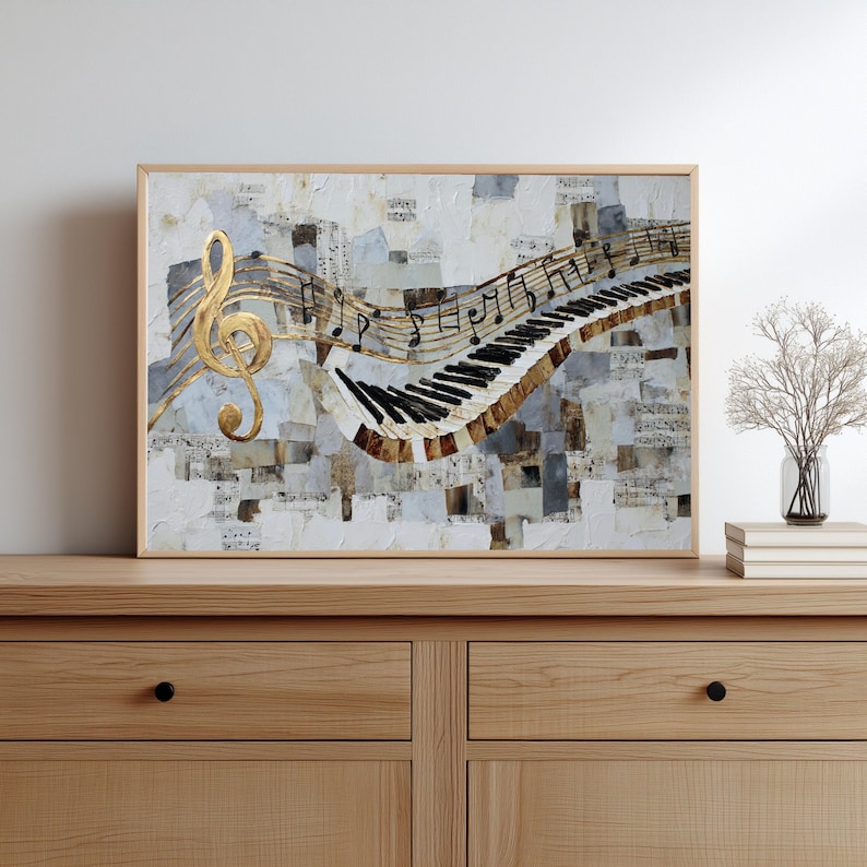 Abstract Musical Notes Canvas Wall Art, Gold Treble Clef Design, Piano ...