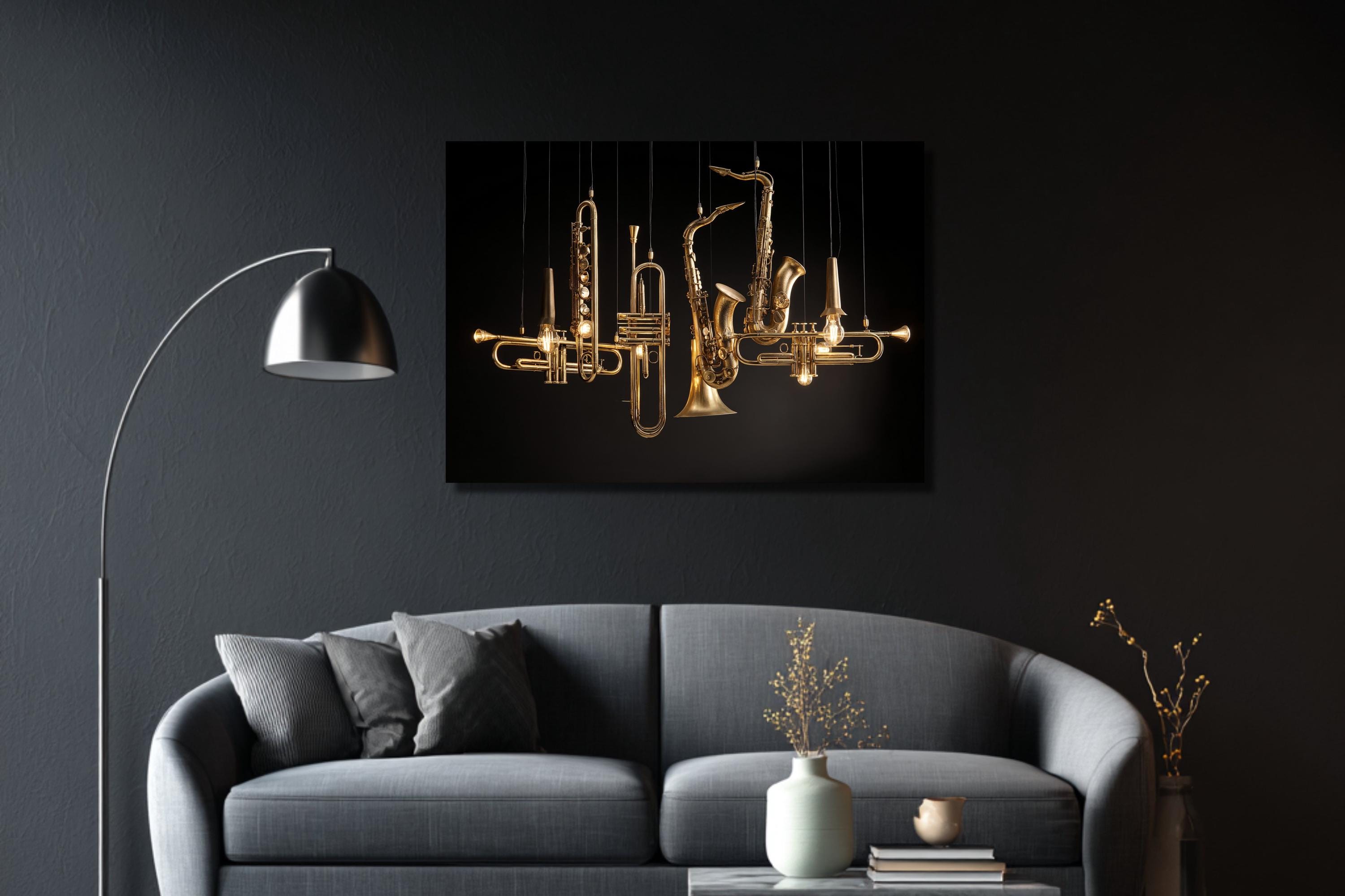 Brass Musical Instruments Canvas Wall Art, Vintage Jazz Saxophone and ...