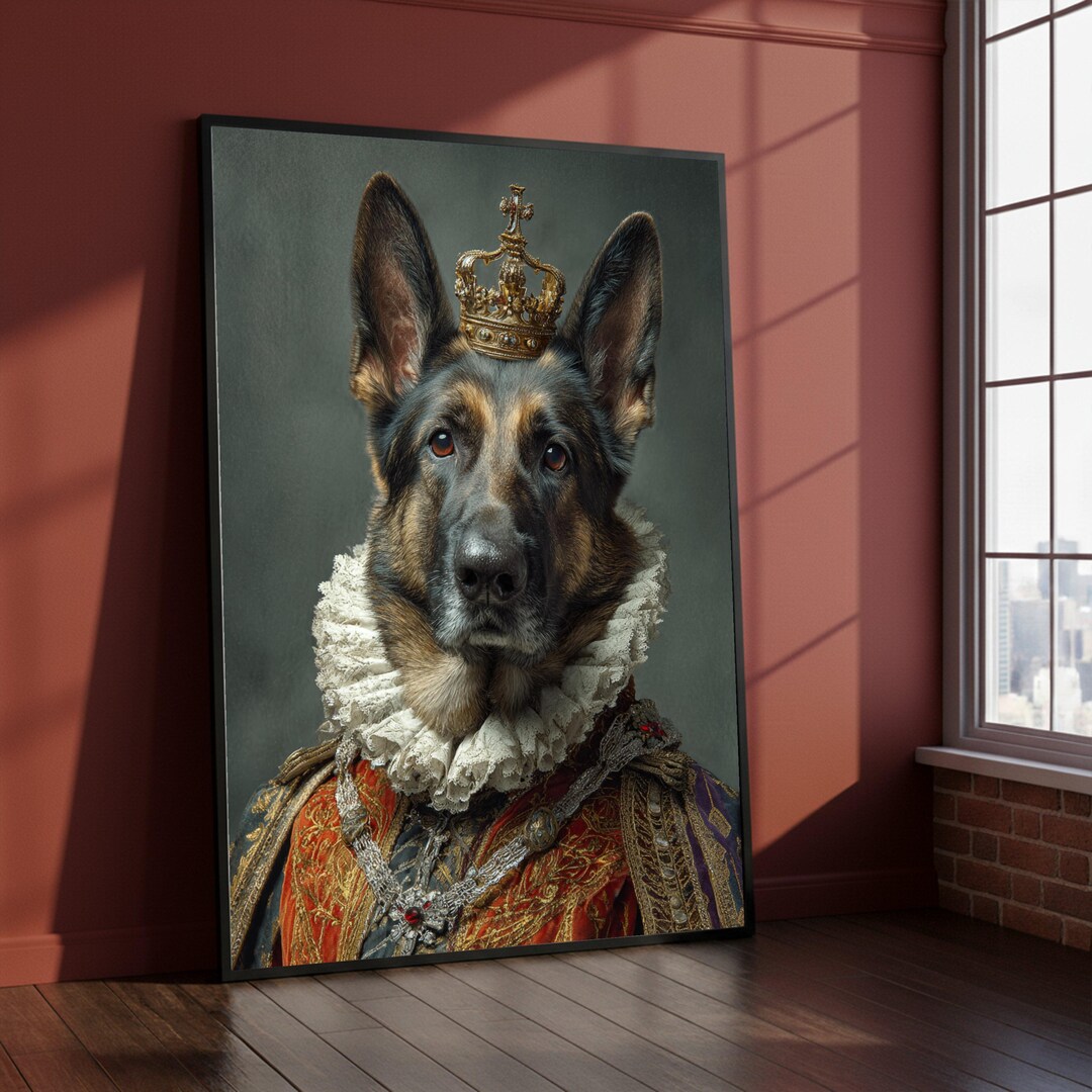 Regal German Shepherd Canvas Art, Crowned Dog Portrait, Vintage Style ...