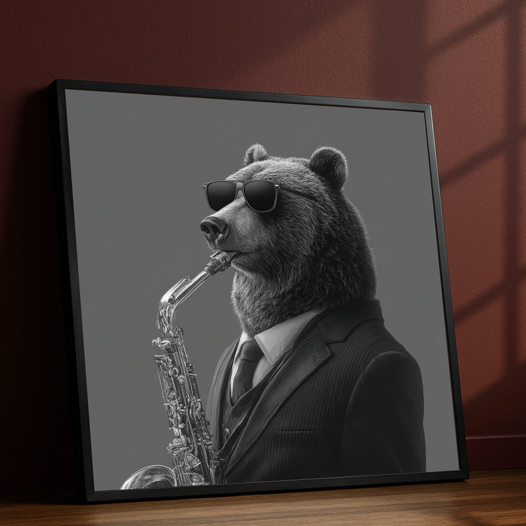 Bear Playing Saxophone Canvas Print, Black and White Animal Wall Art - Etsy