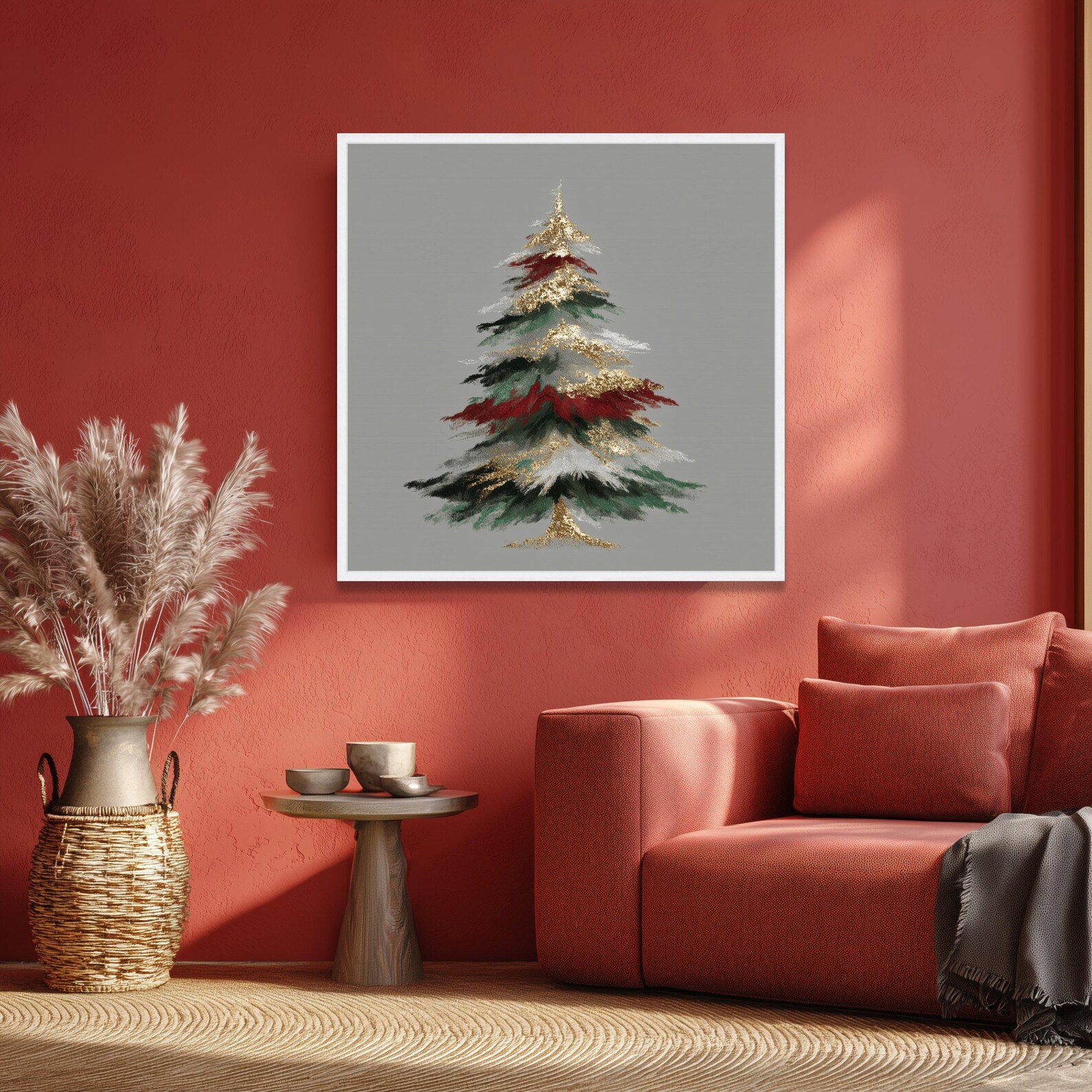 Abstract Christmas Tree Canvas Print, Gold Red Pine, Holiday Wall Art ...