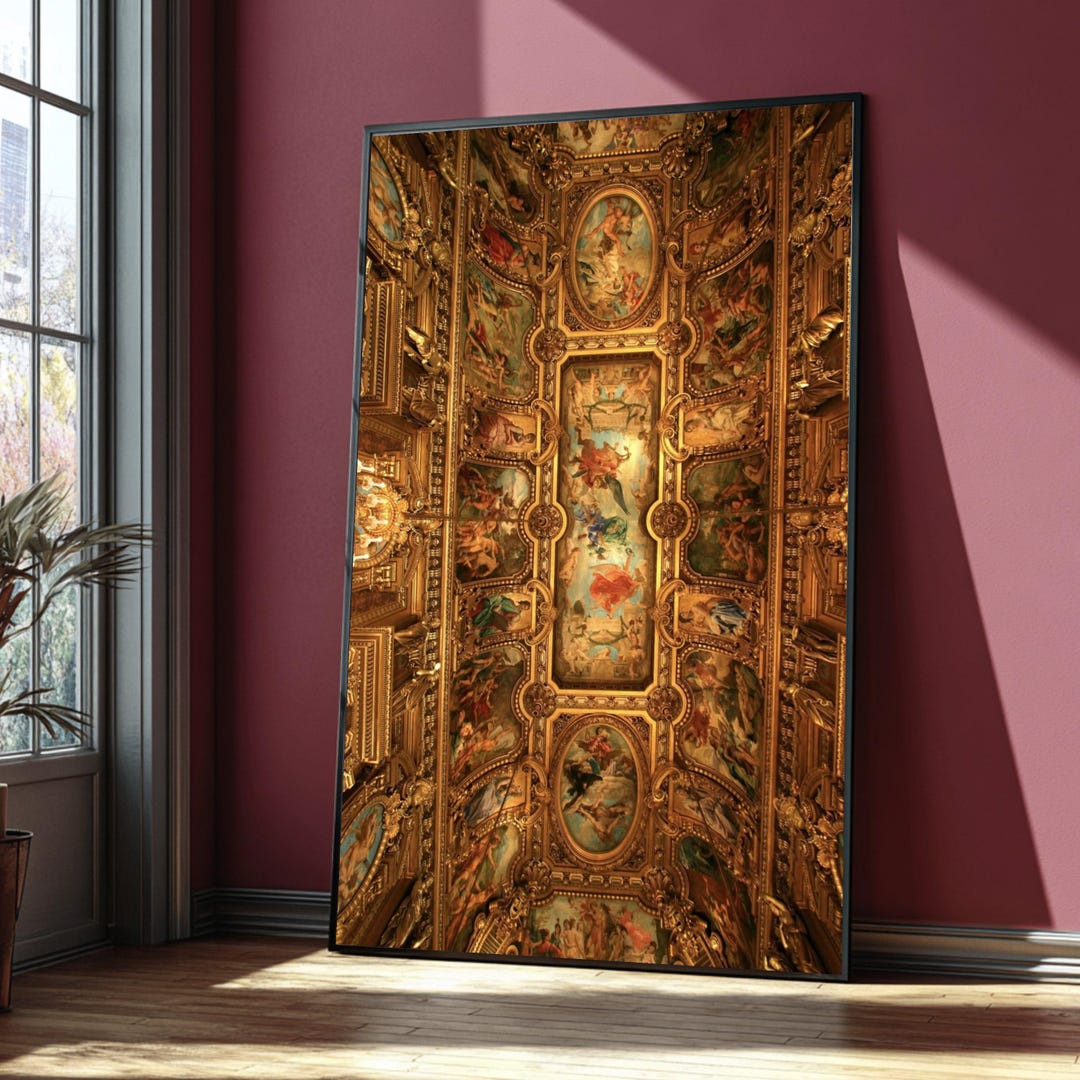 Ornate Baroque Ceiling Fresco Canvas, Classic Gold Frame Wall Art ...
