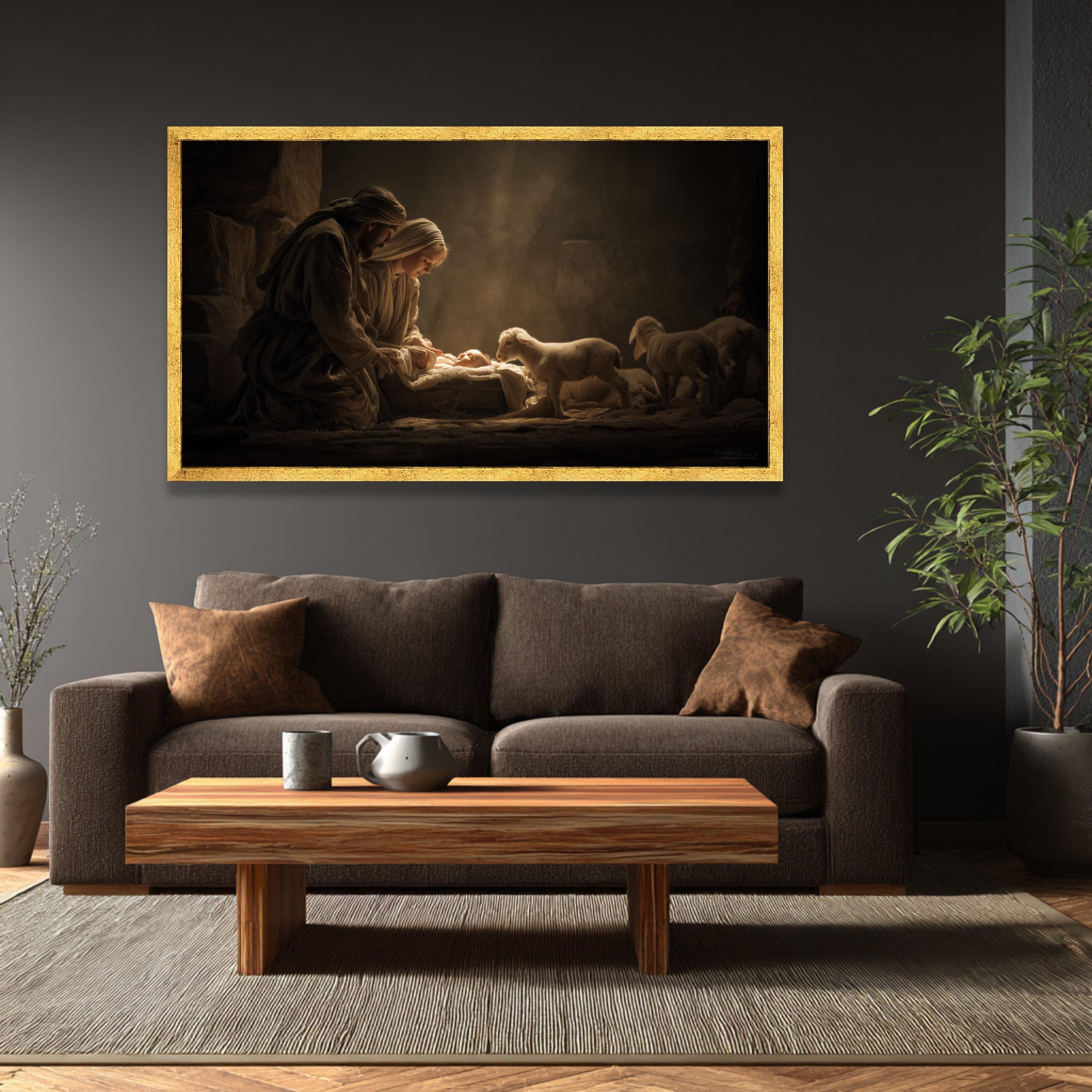 Nativity Scene Canvas Wall Art, Holy Family With Baby Jesus and Lambs ...